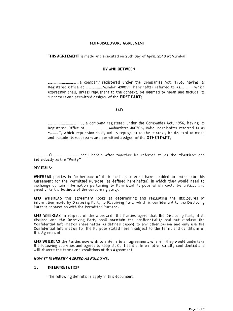 NDA Draft | Download Free PDF | Confidentiality | Non Disclosure Agreement