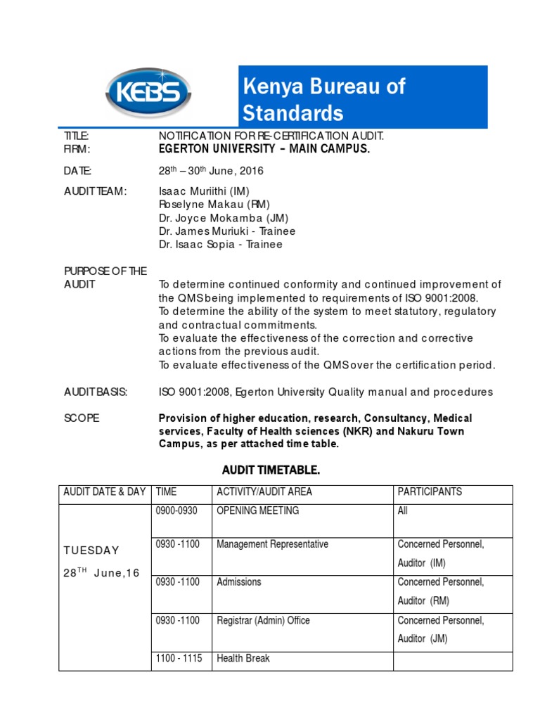 Main Campus Recertification Audit Plan | PDF | Iso 9000 | Audit