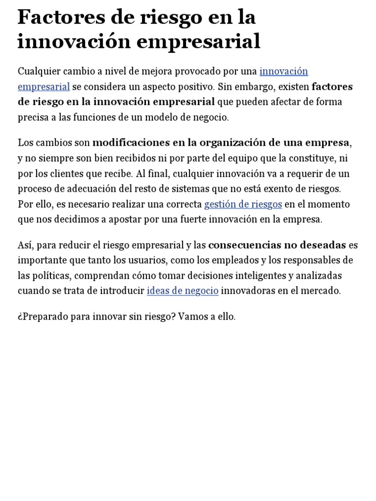 Factores de Riesgo en La Innovación Empresarial - Problemas de Innovar ...