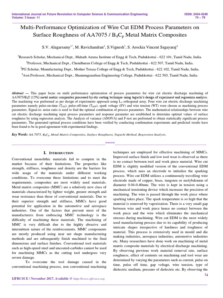 Multi Performance Optimization Of Wire Cut Edm Process Parameters On Surface Roughness Of Aa7075