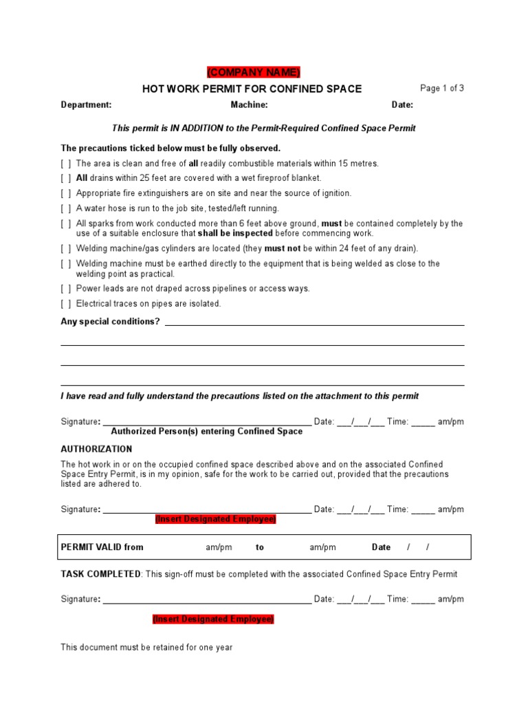 Hot Work Permit for Confined Space | Industrial Processes | Materials
