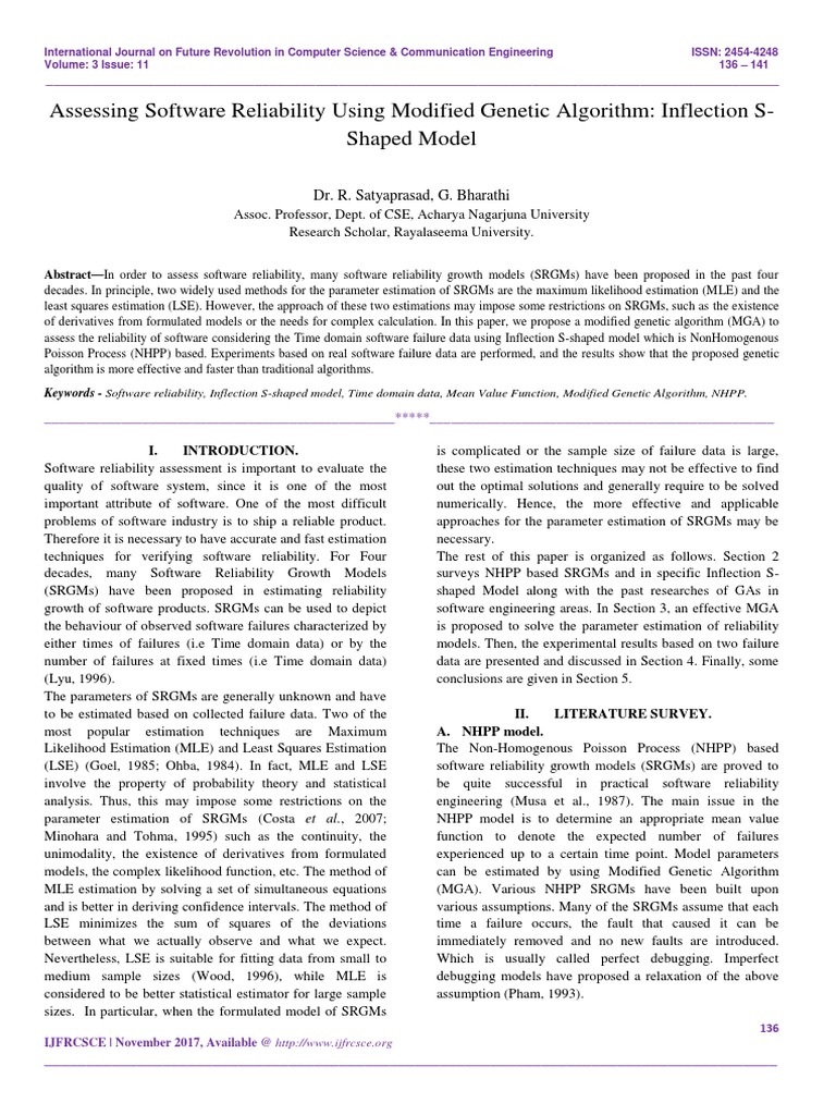 Assessing Software Reliability Using Modified Genetic Algorithm: Inflection S-Shaped Model | PDF ...