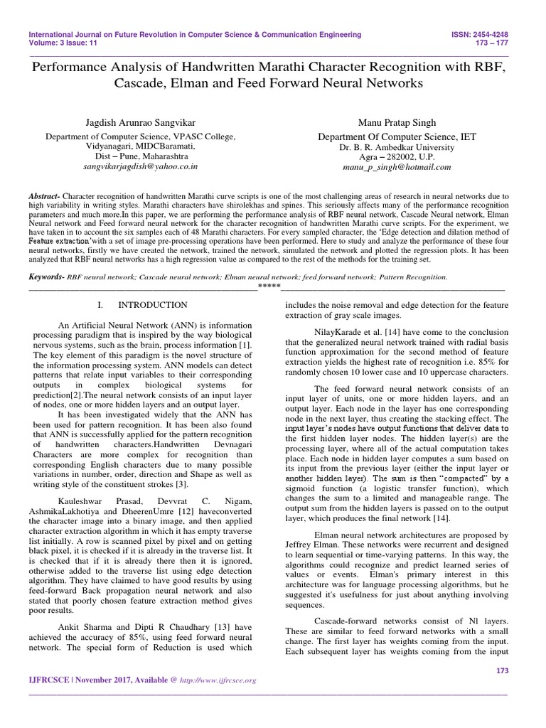 Performance Analysis Of Handwritten Marathi Character Recognition With Rbf Cascade Elman And