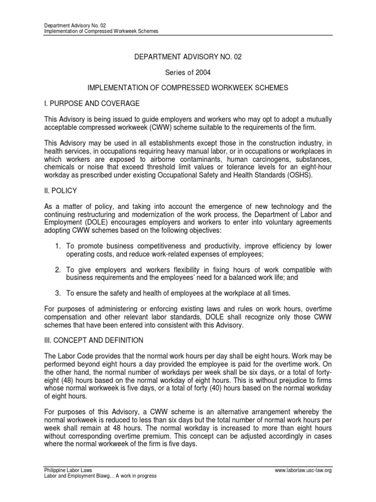 DOLE DEPARTMENT ADVISORY NO. 02 Series of 2004 | PDF | Overtime ...