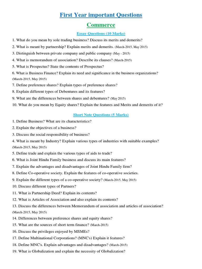 Commerce First Year Examination: Comprehensive Review of Key Concepts ...