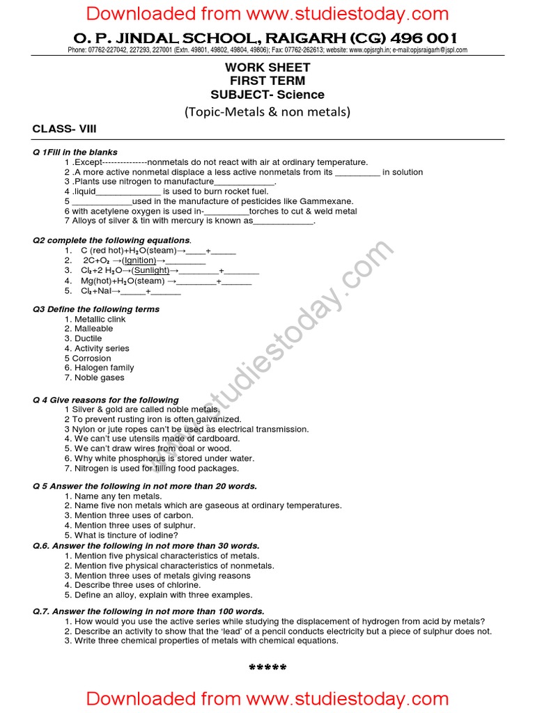 Class 8 Metals and Non-Metals Worksheet | PDF | Metals | Carbon