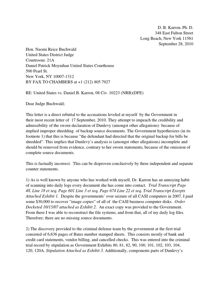 Judge Buchwald Government Canard Rebuttal Letter | PDF | Testimony ...