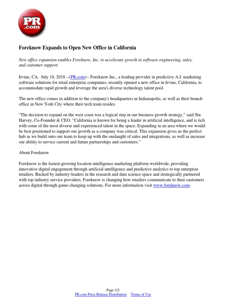 Foreknow Expands To Open New Office in California | PDF | Artificial ...