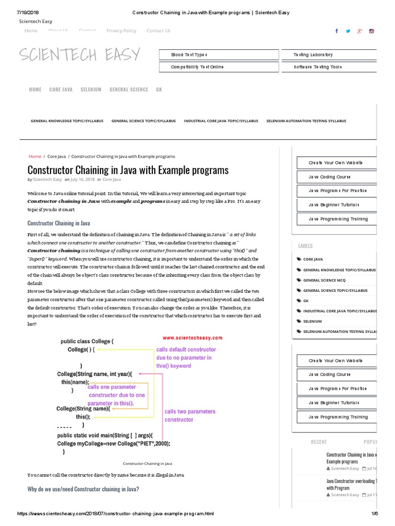 Constructor Chaining in Java With Example Programs - Scientech Easy | PDF | Constructor (Object ...