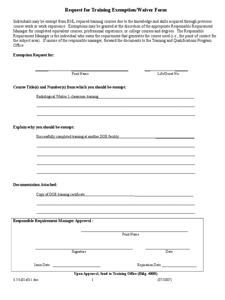 Request For Training Exemption Waiver Form | PDF
