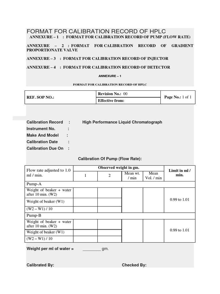 Format For Calibration Record of HPLC: Flow Rate Adjusted To 1.0 ML ...