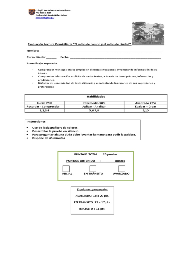 Evaluación del Cuento Ratón de Campo y Ciudad | PDF | Estudios de ...