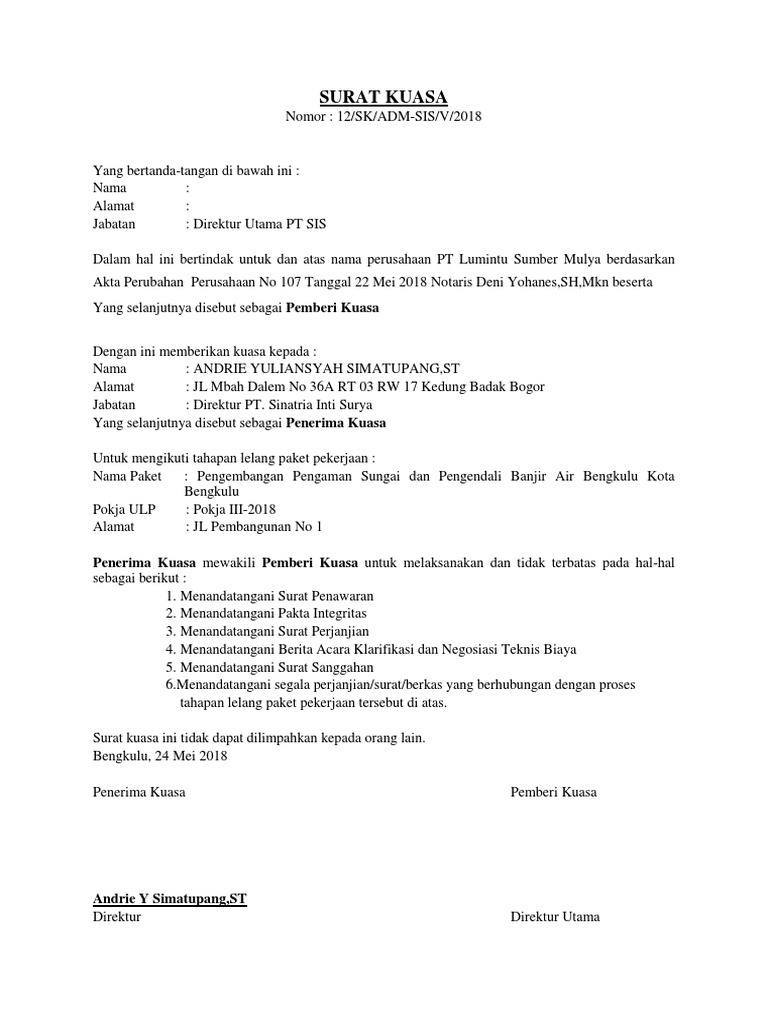 Surat Kuasa Lelang Proyek Sungai Bengkulu | PDF