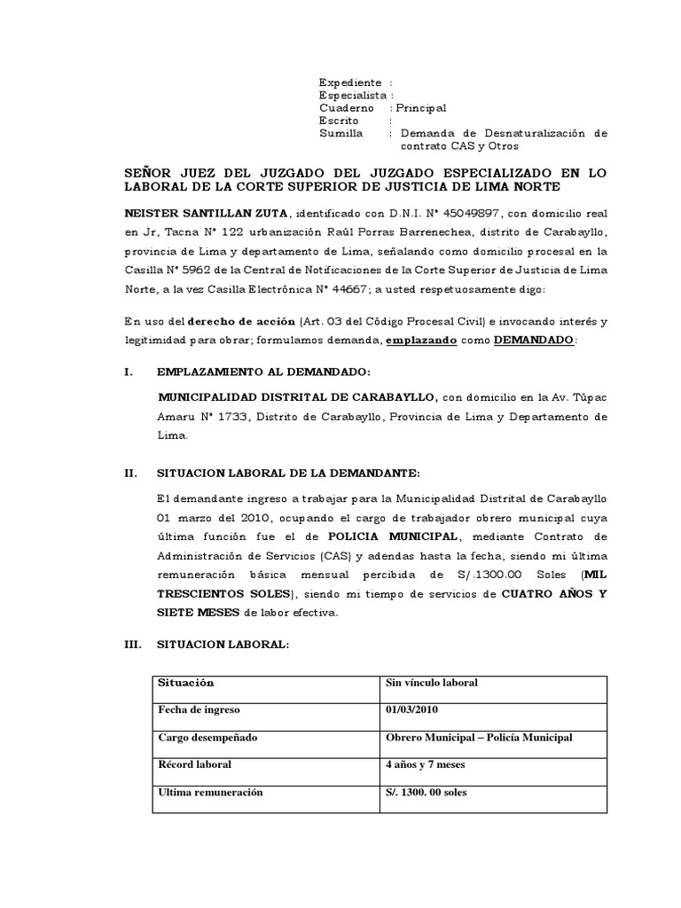 Demanda de Desnaturalizacion de Contrato Santillan | Derecho laboral | Constitución
