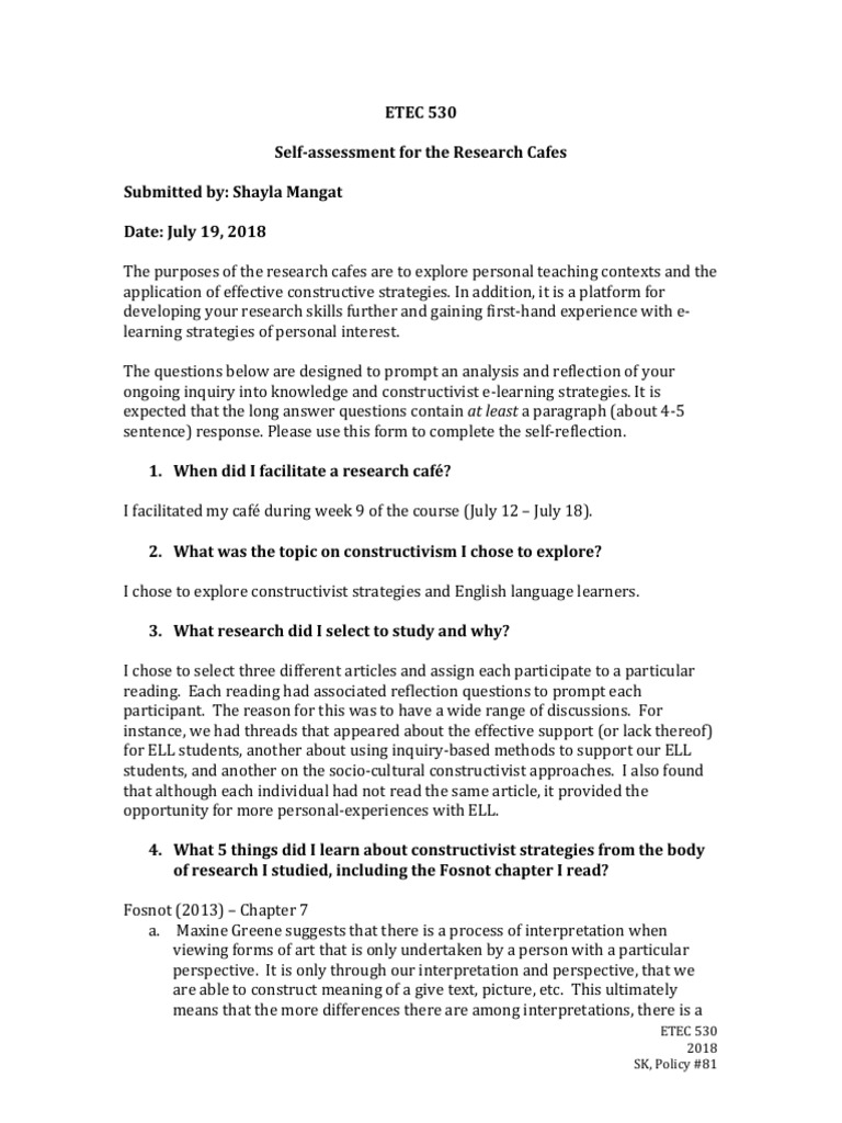 Shayla Mangat 2018 Etec 530 Self-Reflection Research Cafe Assignment-1 | PDF | Constructivism ...