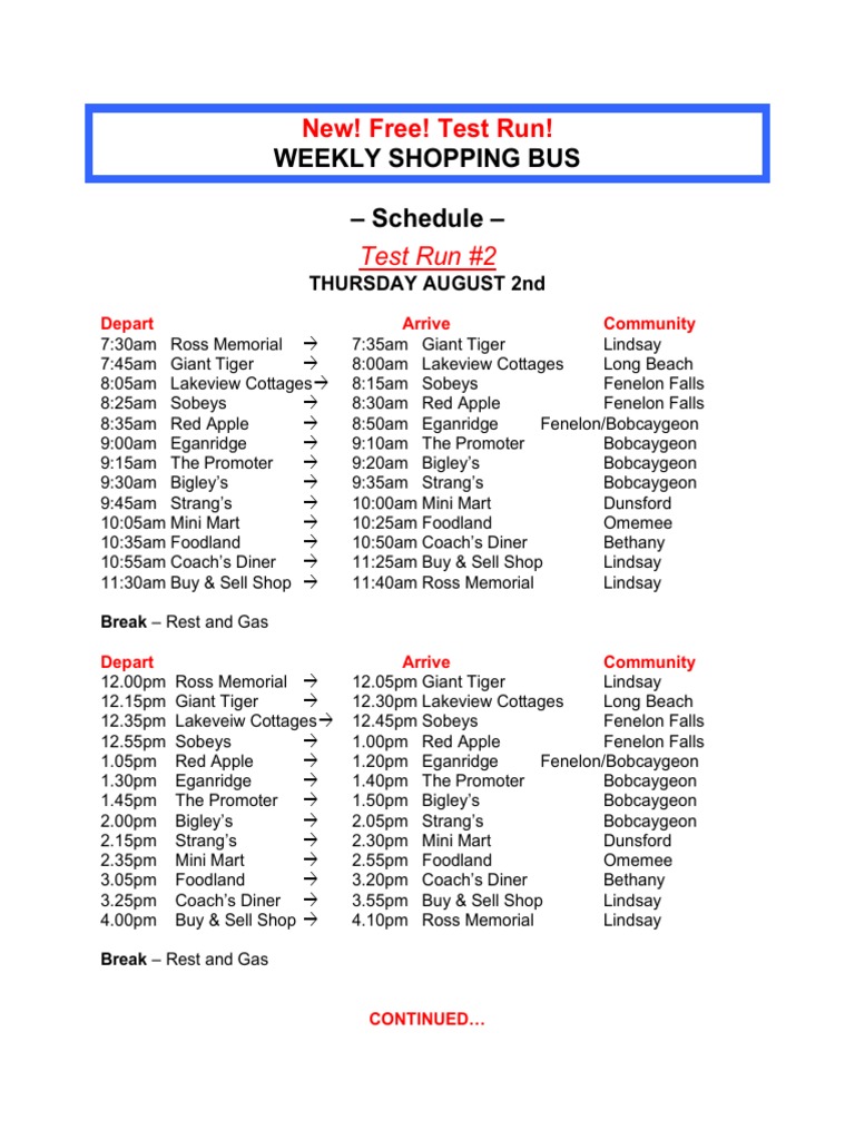 Weekly Shopping Bus Schedule August 2023 | PDF | Cooking, Food & Wine ...
