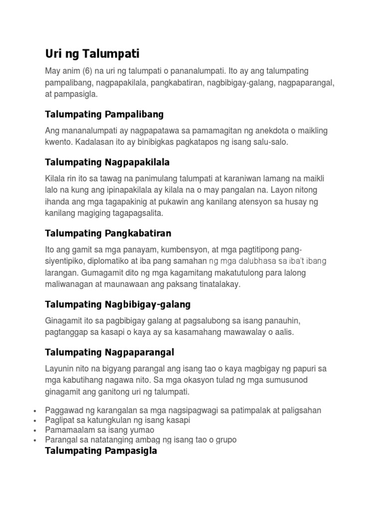 Talumpating Pampasigla Halimbawa - talumpatitungkol