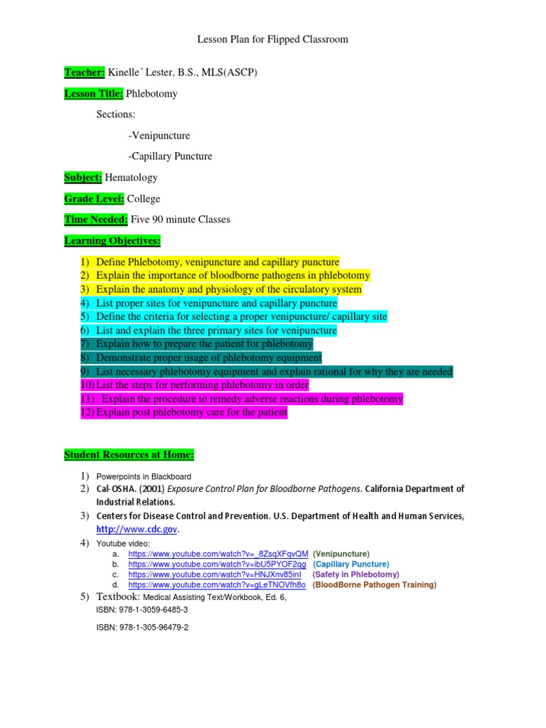 Lesson Plan - Phlebotomy | PDF | Lecture | Lesson Plan