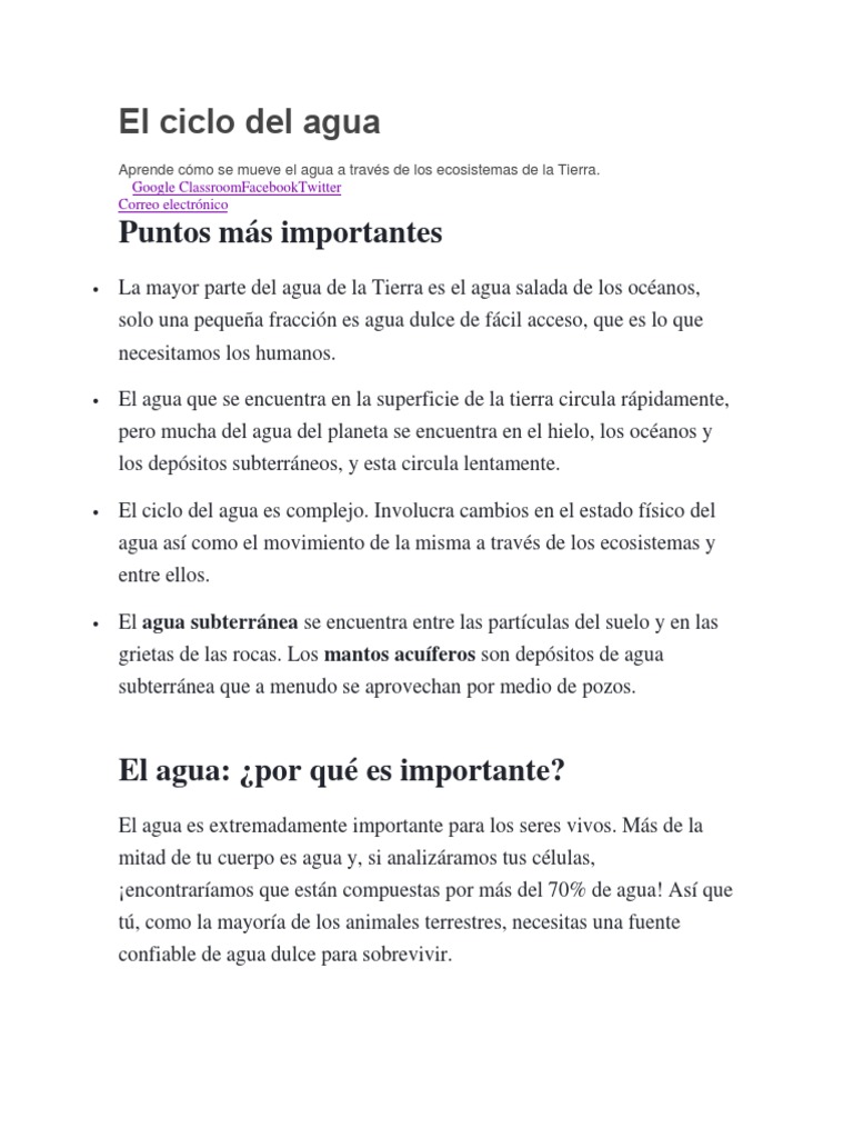 Lectura El Ciclo Del Agua | El ciclo del agua | Agua dulce