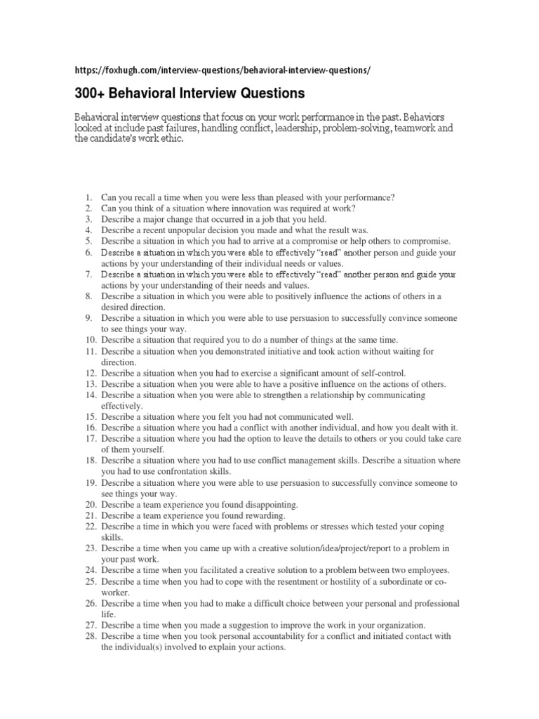 300 Behavioral Interview Questions | PDF | Performance Appraisal ...