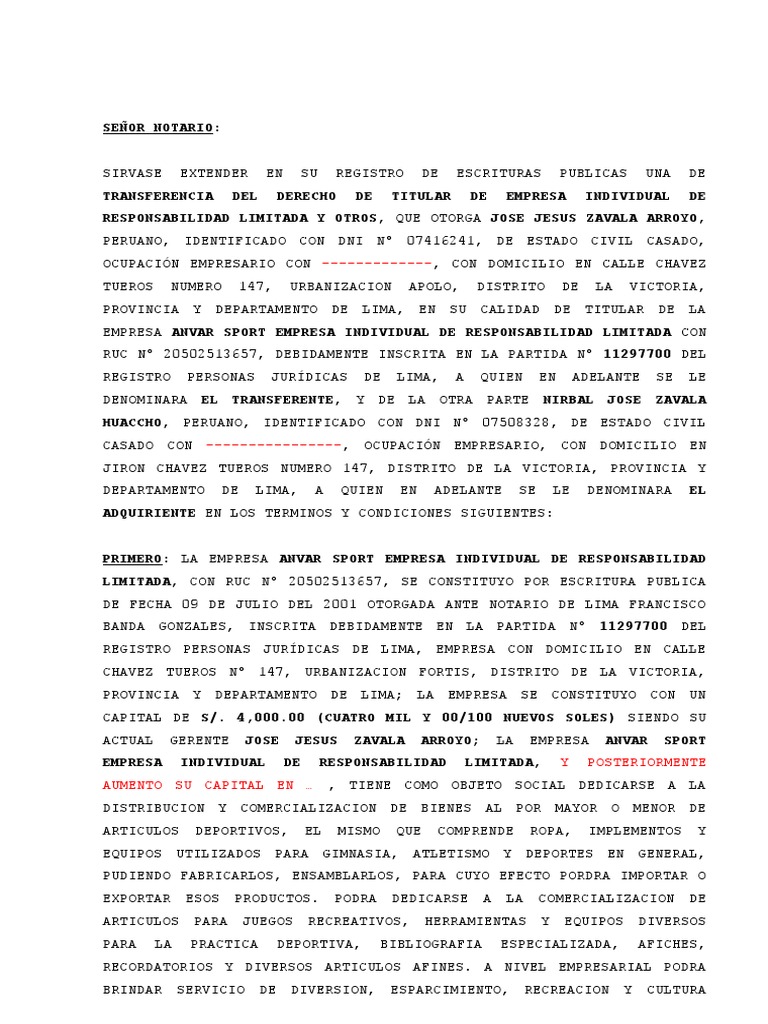 Modelo de Transf de Titularidad Eirl | PDF