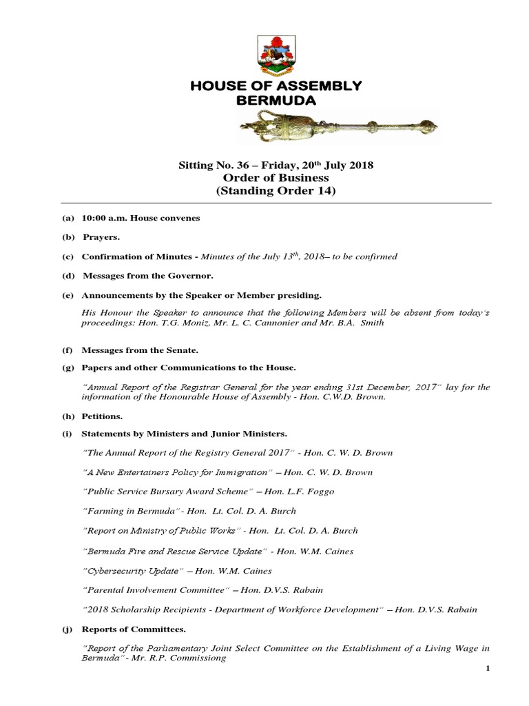 Bermuda House of Assembly Agenda July 2018 | PDF | Government