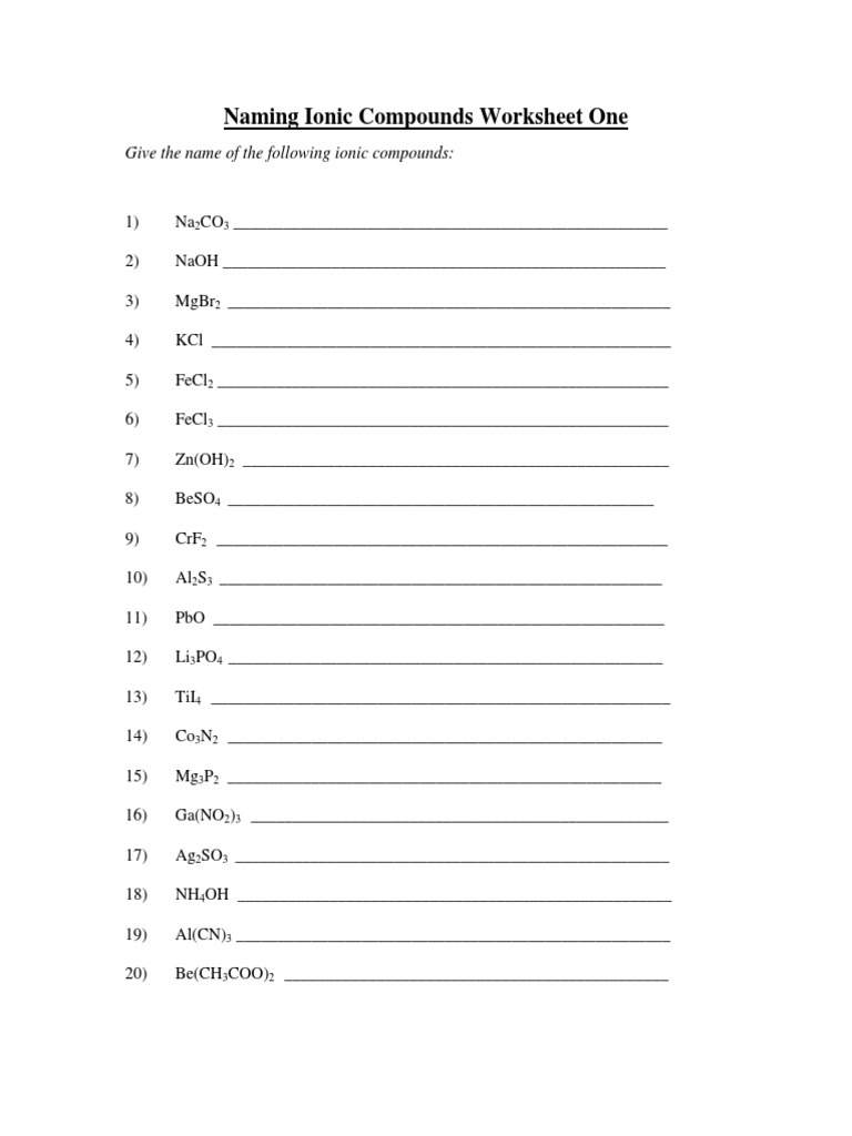 Naming Ionic Compounds Worksheet I | PDF | Chemical Substances | Molecules