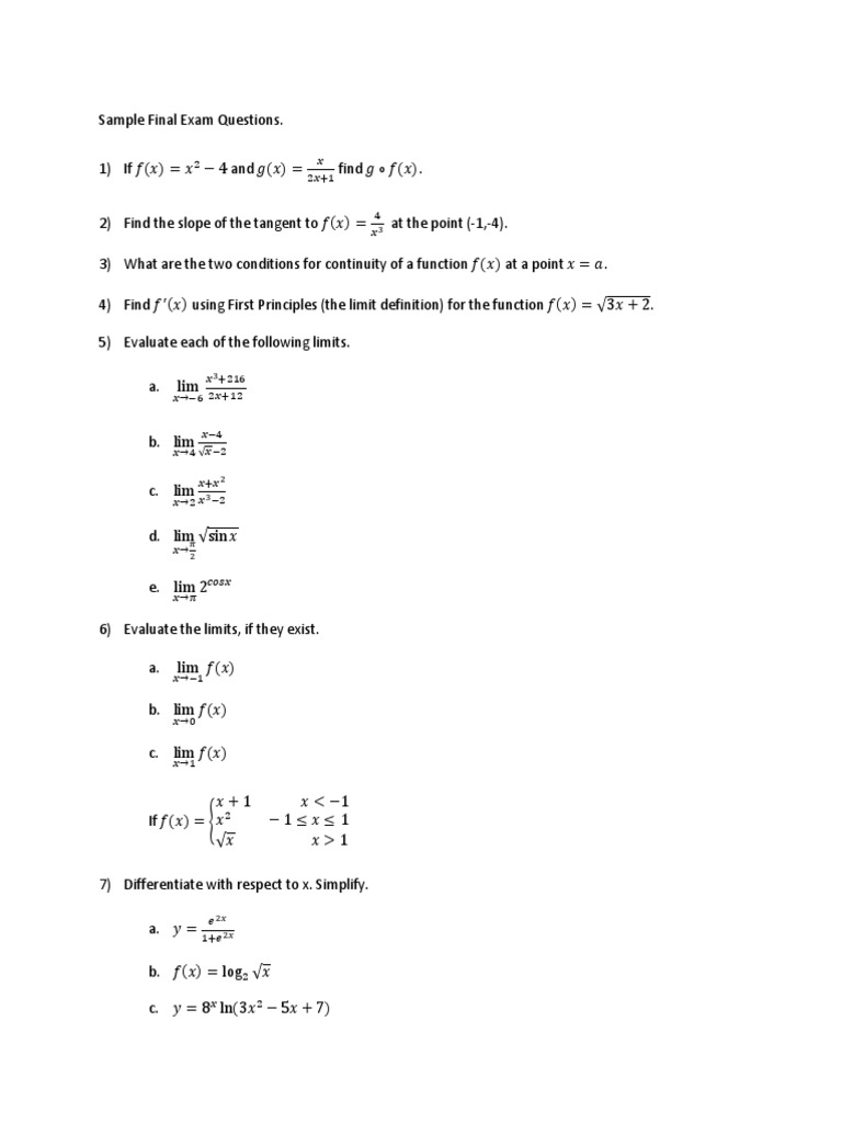 MCV4U - Sample Final Exam Questions | PDF | Tangent | Space