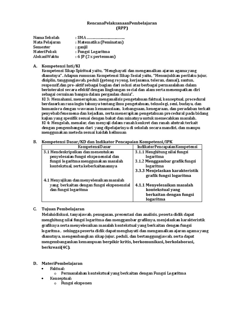 RPP Matematika: Fungsi Logaritma Ganjil | PDF