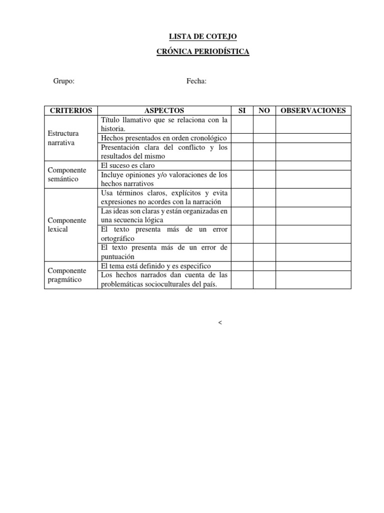 Estructura de Lista de Cotejo para Crónicas | PDF