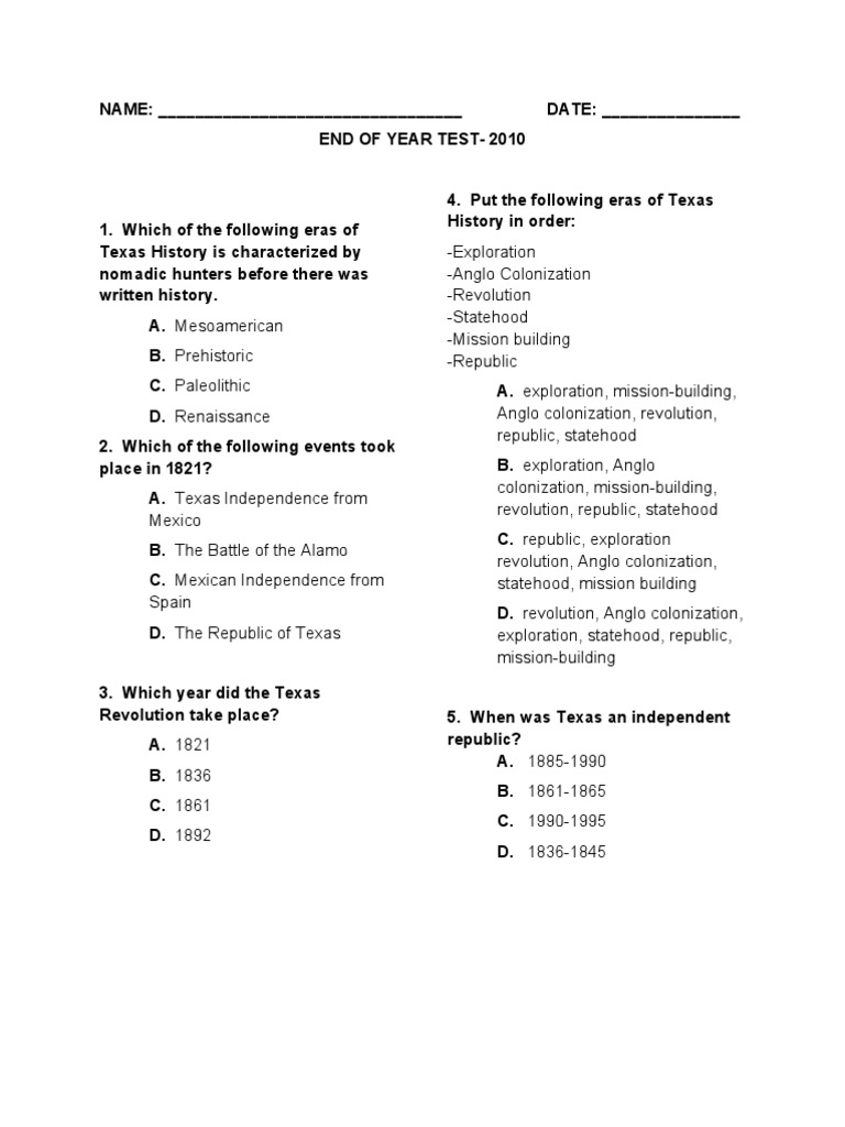 Texas History End-of-Year Test 2010 | PDF | Texas | Confederate States ...