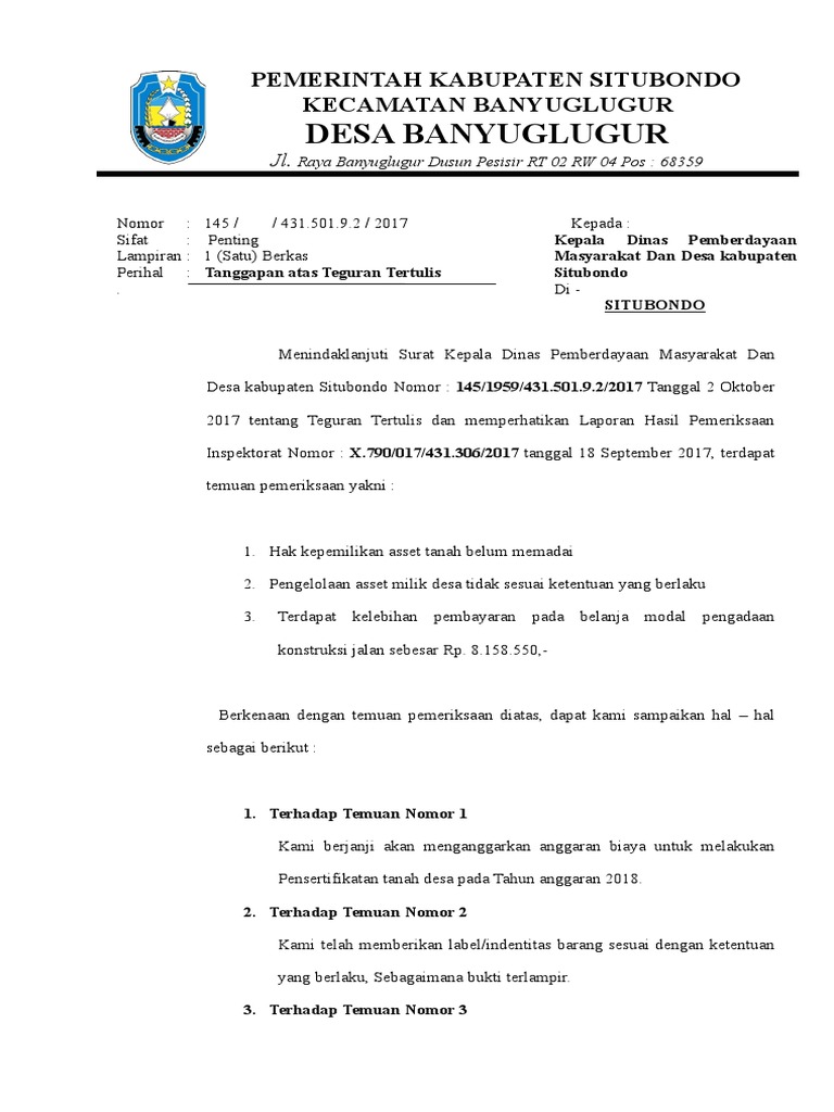 Surat Tanggapan Temuan 2016 | PDF