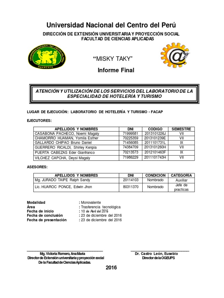 Informe de Proyección Social "Misky Taky" | PDF | Laboratorios | Turismo