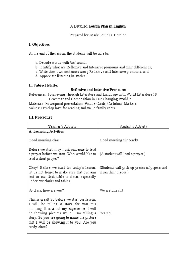 A Detailed Lesson Plan in English | PDF | Subject (Grammar) | Linguistics