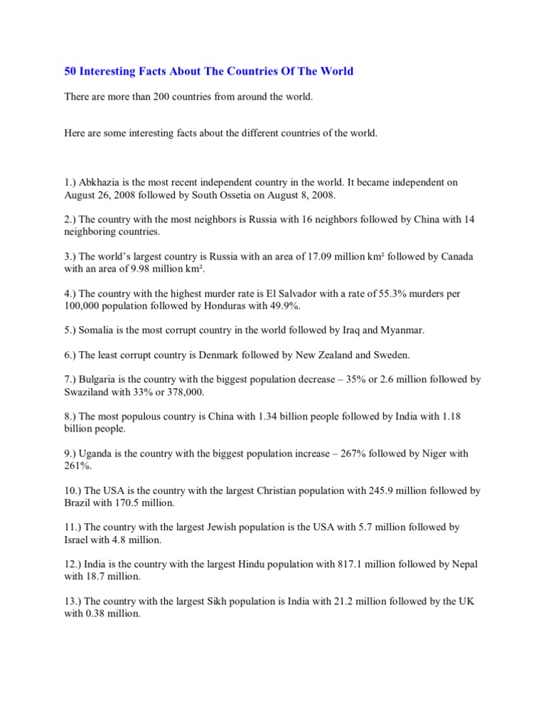 50 Interesting Facts About The Countries of The World | PDF | The ...