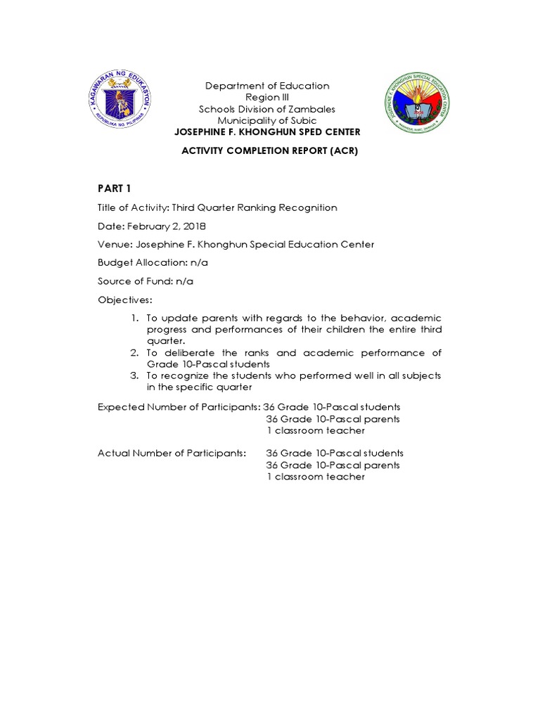 Activity Completion Report QUARTER RECOGNITION | Download Free PDF ...