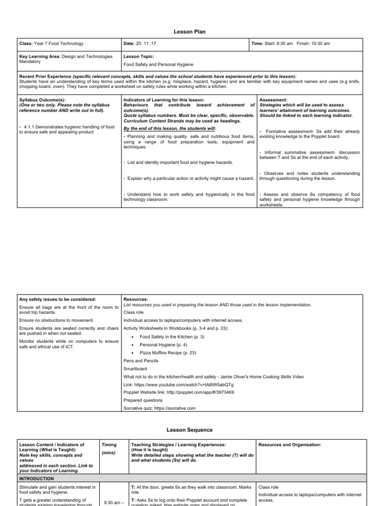 lesson plan- food safety and hygiene | Hygiene | Foods