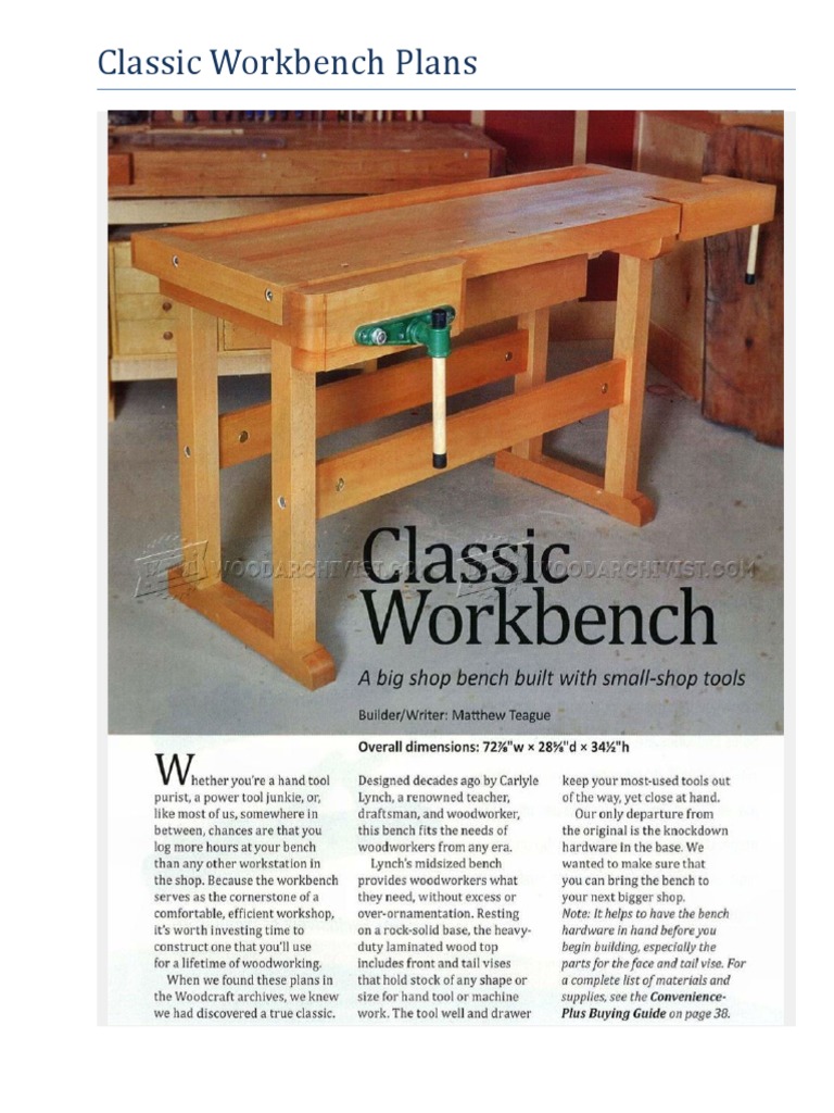 Classic Workbench Plans, Wood Archivist, Por Matthew Teague | PDF
