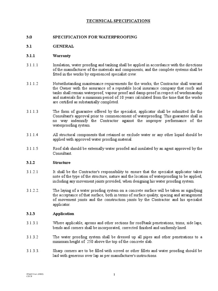 Water Proofing Specification Pdf Concrete Mortar Masonry