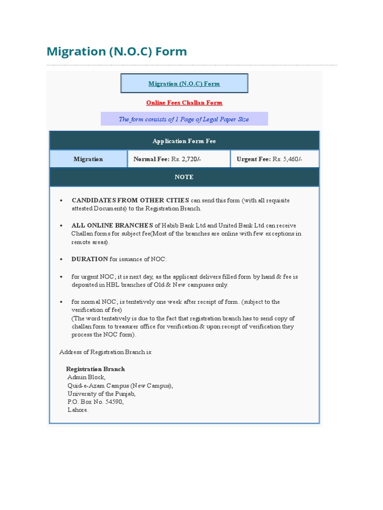 Migration (N.O.C) Form: The Form Consists of 1 Page of Legal Paper Size ...