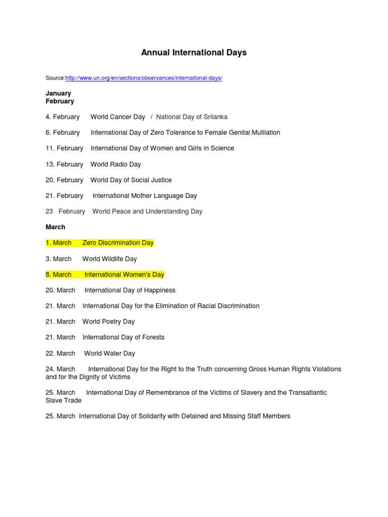 Annual International Days: January February | PDF | United Nations ...