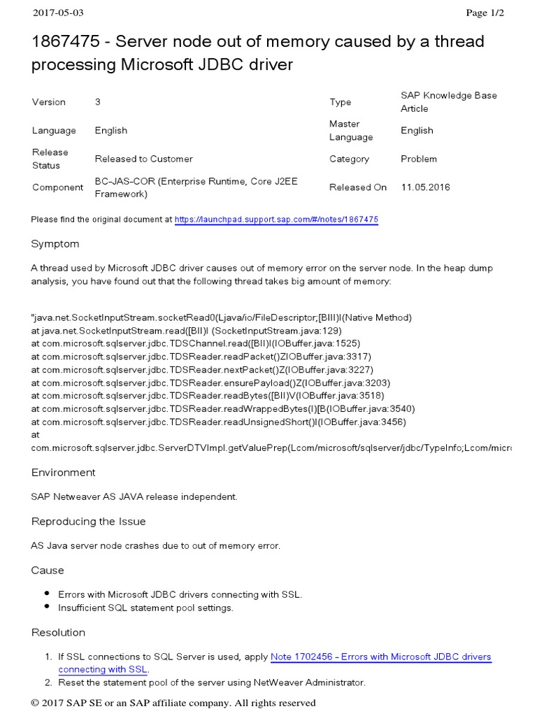 Server Node Out Of Memory Caused By A Thread Processing Microsoft Jdbc Driver Pdf Java