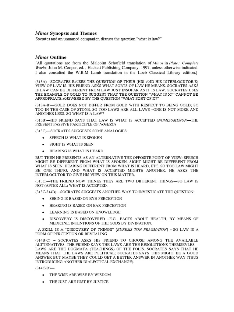 Minos Synopsis and Themes: Works, John M. Cooper, Ed., Hackett Publishing Company, 1997, Unless ...