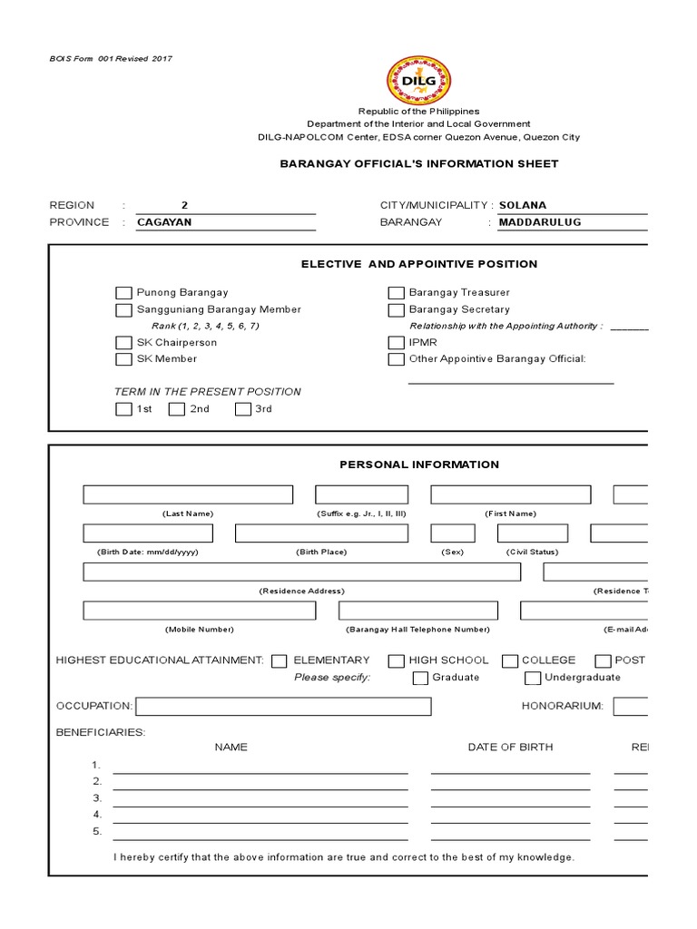 Barangay Official'S Information Sheet | PDF | Government