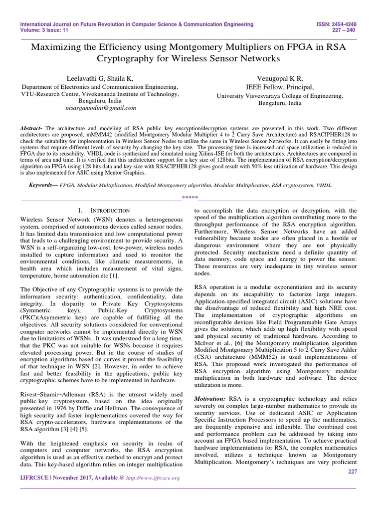 Maximizing The Efficiency Using Montgomery Multipliers On FPGA in RSA Cryptography For Wireless ...