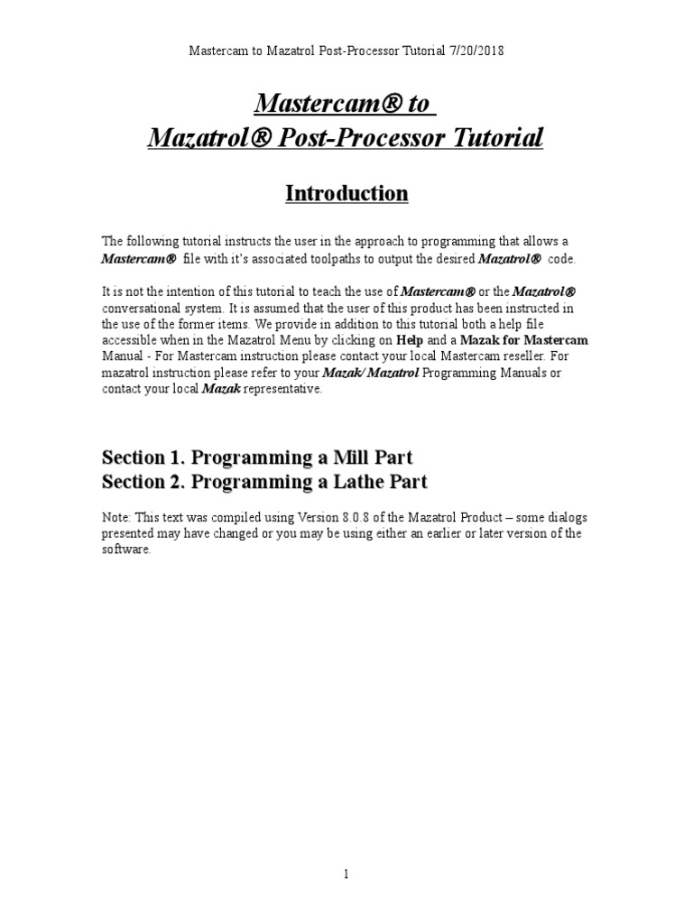 Mastercam To Mazatrol Post-Processor Tutorial: Section 1. Programming A Mill Part Section 2 ...