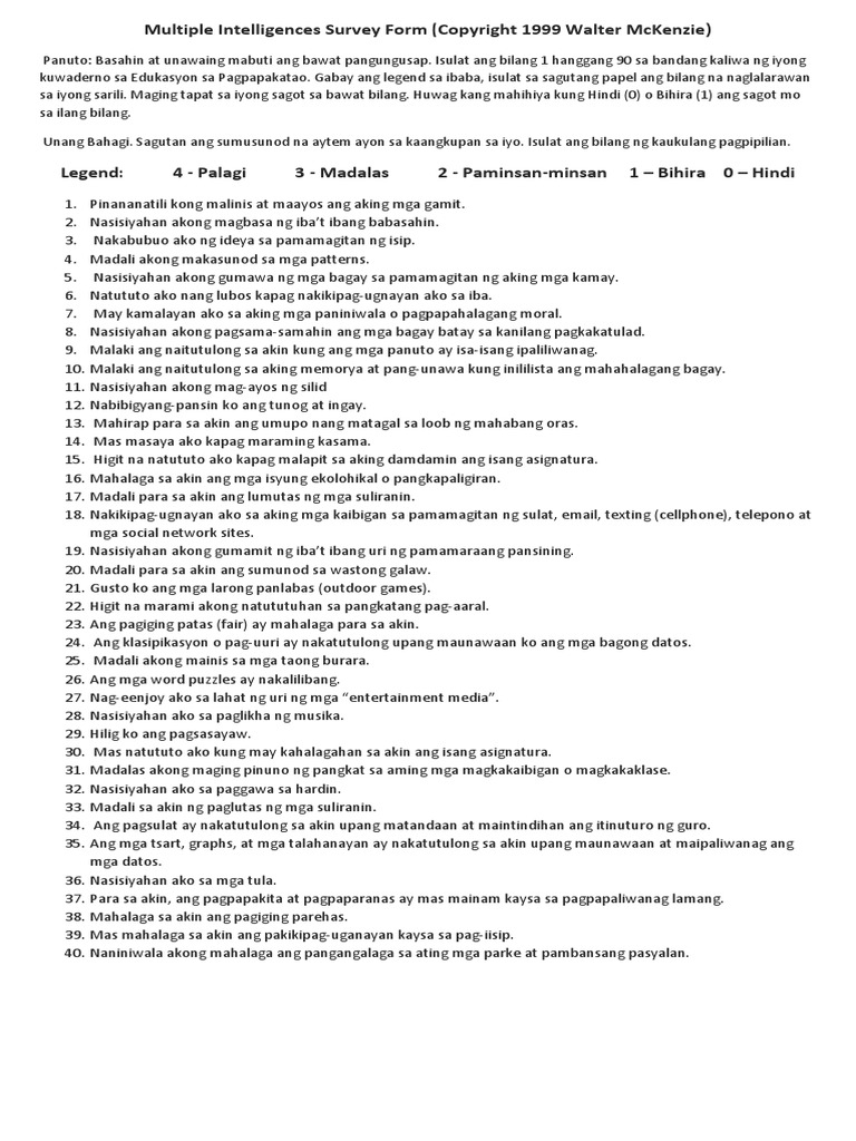 Multiple Intelligences Survey Form | PDF