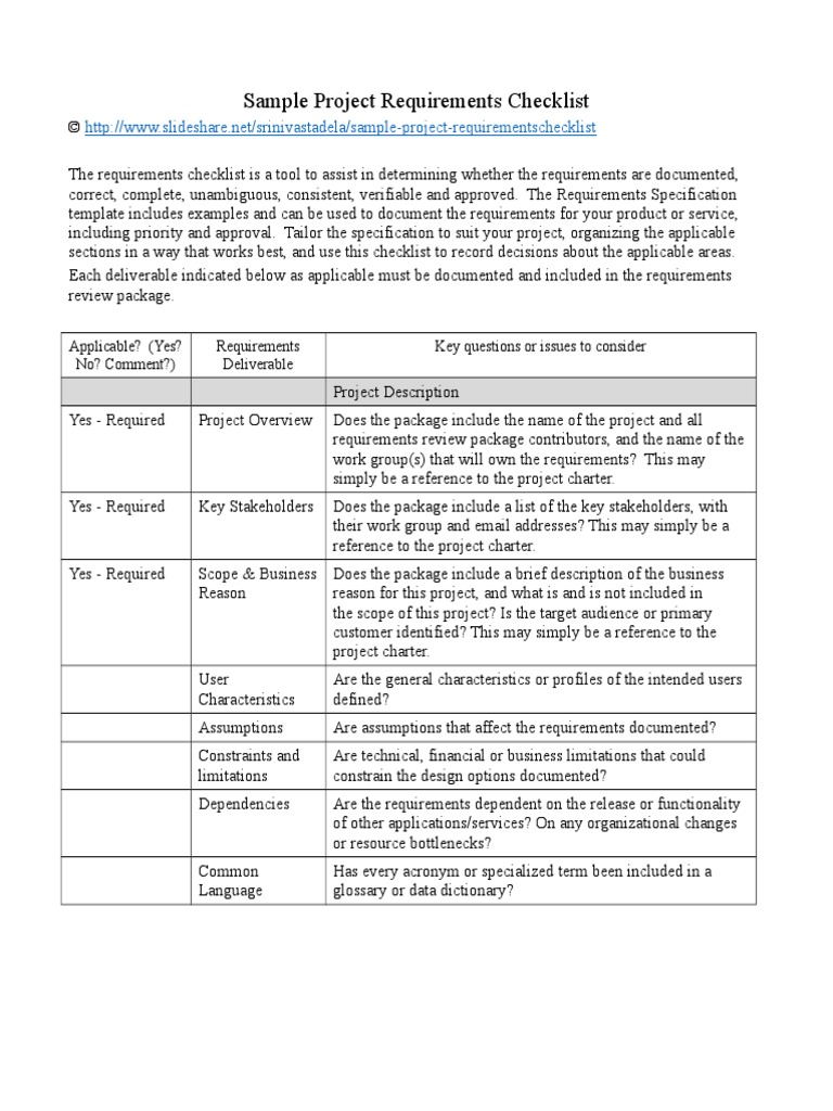 Sample Project Requirements Checklist | PDF | Input/Output | Specification (Technical Standard)