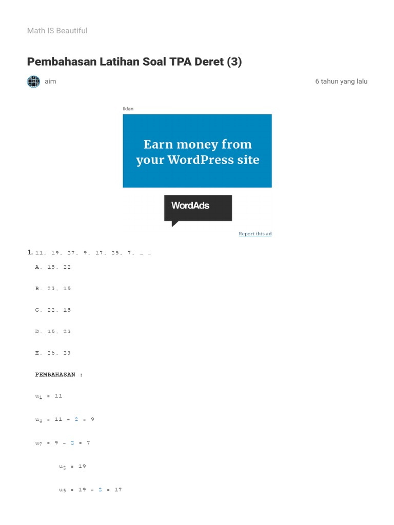 Pembahasan Latihan Soal TPA Deret (3) - Math Is Beautiful | PDF