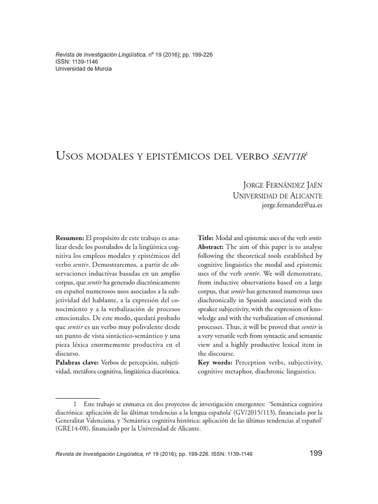 Usos Modales y Epistemicos Del Verbo Sentir PDF | PDF | Verbo | Oración ...